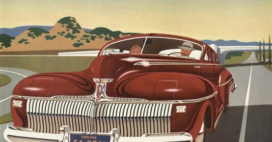 Vintage 1940s Illustration of a Couple Driving in a New Sedan on the ...